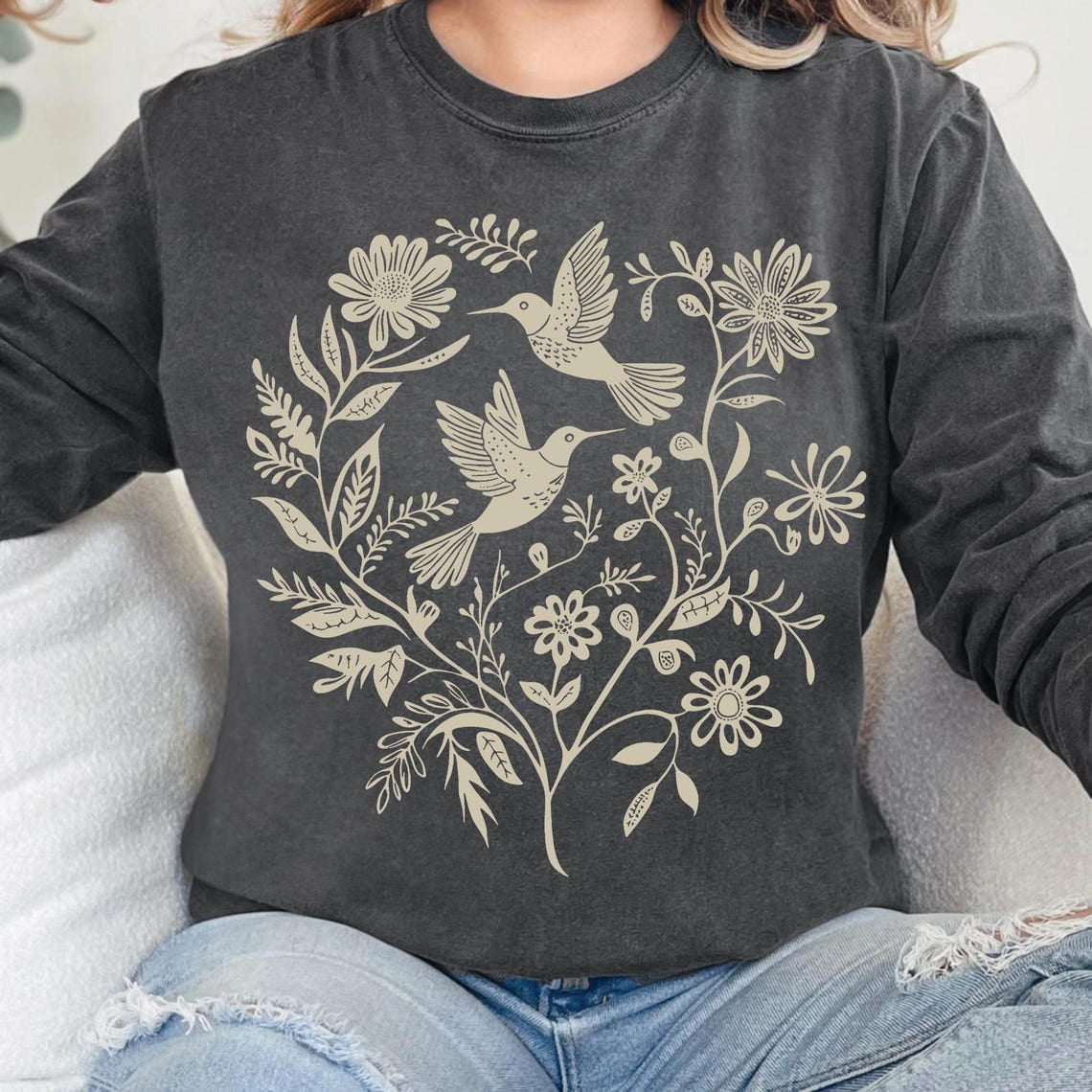 Gildan Vintage Birds And Flowers Shirt With Boho Folk Art And Scandi ...
