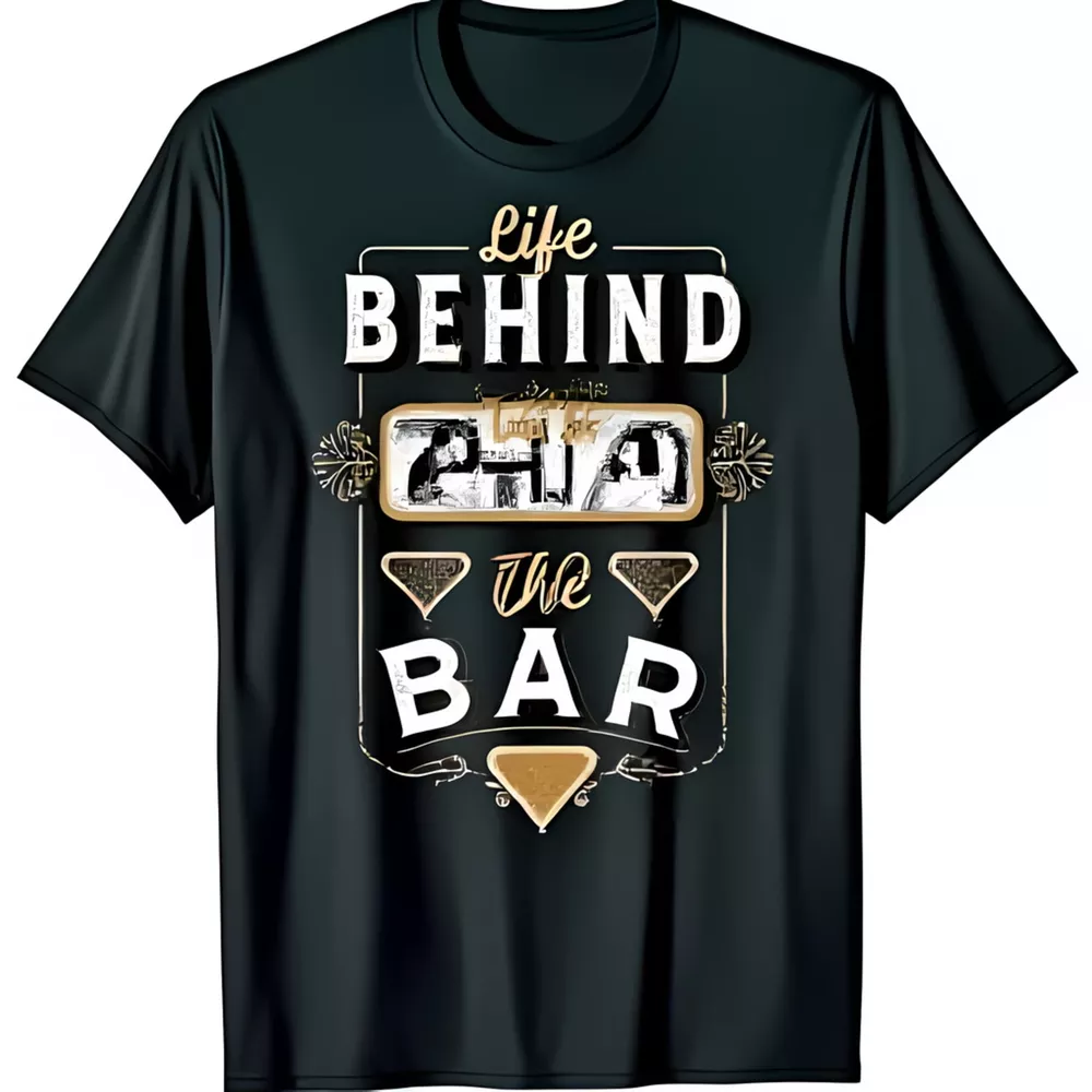 Gildan Vintage Black T-Shirt with Life Behind the Bar Graphic & Gold ...