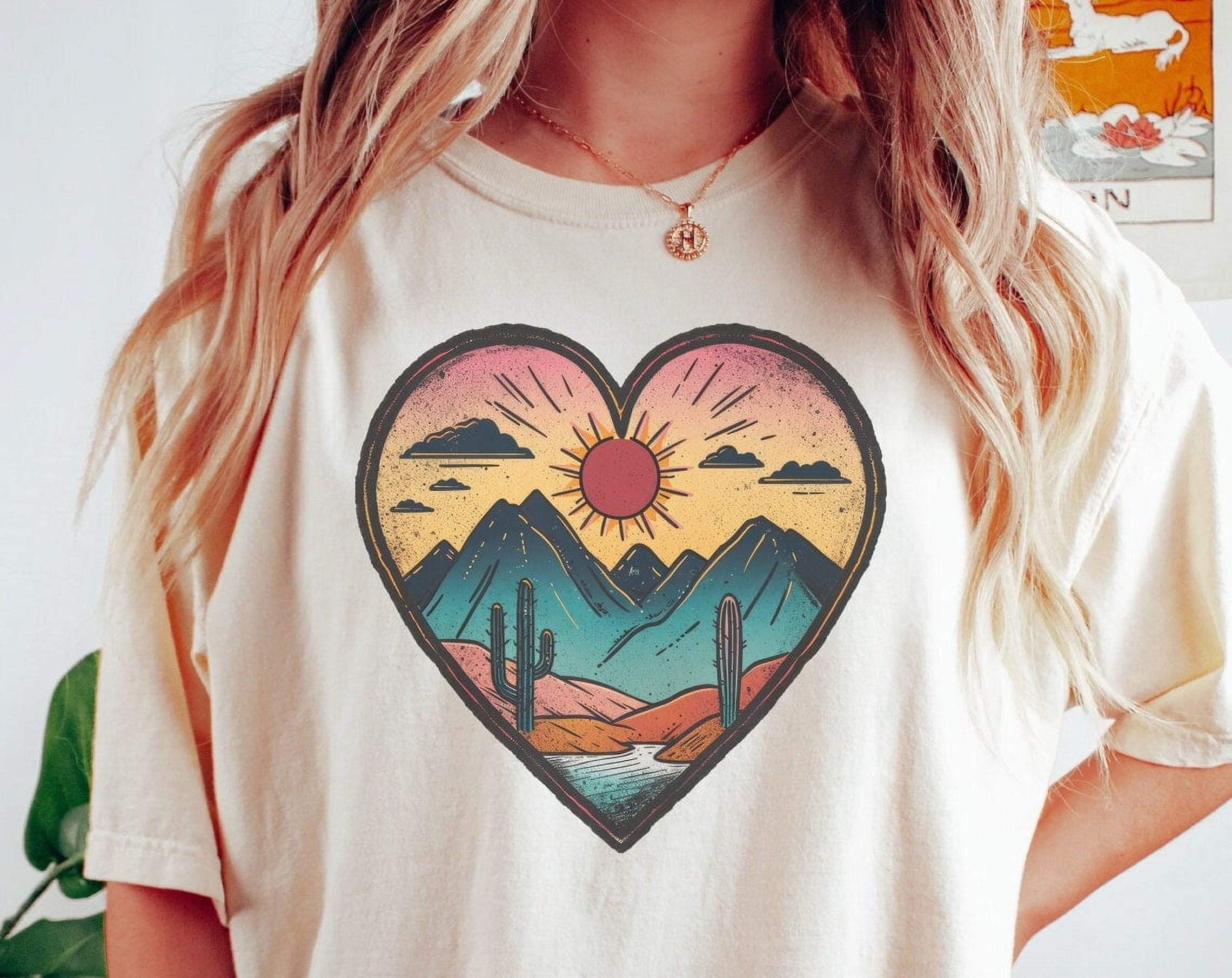 Gildan Vintage Cactus Sunset Shirt With Heart Mountain Graphic, Nature ...