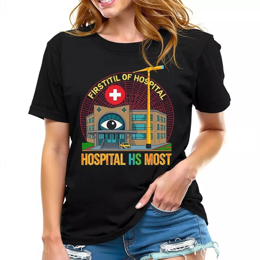 Gildan Vintage-Inspired Black T-Shirt with Stylized Hospital Graphic ...