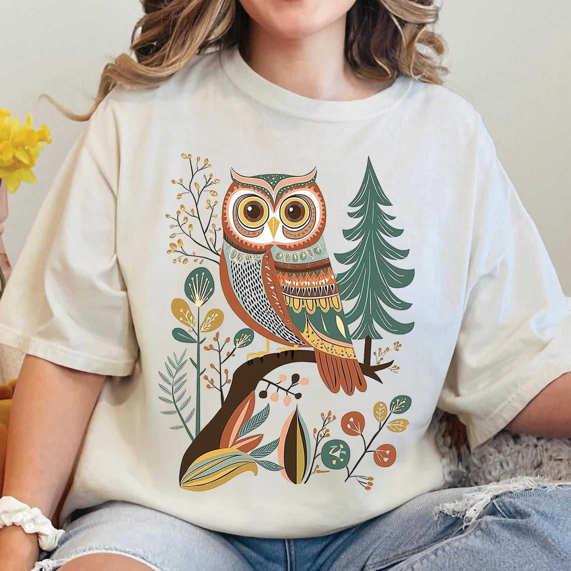 Gildan Vintage Owl Graphic Shirt With Floral Bird And Botanical Folk ...