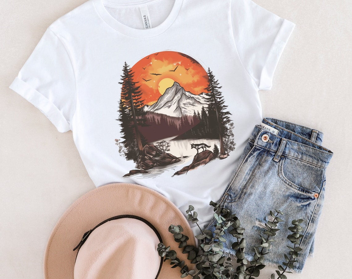 Gildan Vintage Sunset Mountain Graphic Tee With Wolf Illustration ...