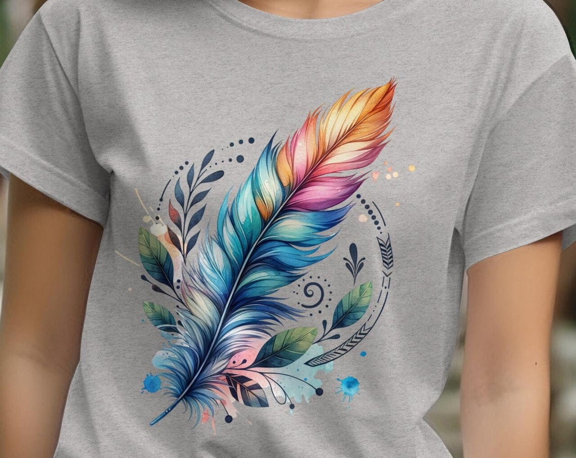 Gildan Watercolor Feather Tee With Boho Style For Bird Enthusiasts And ...