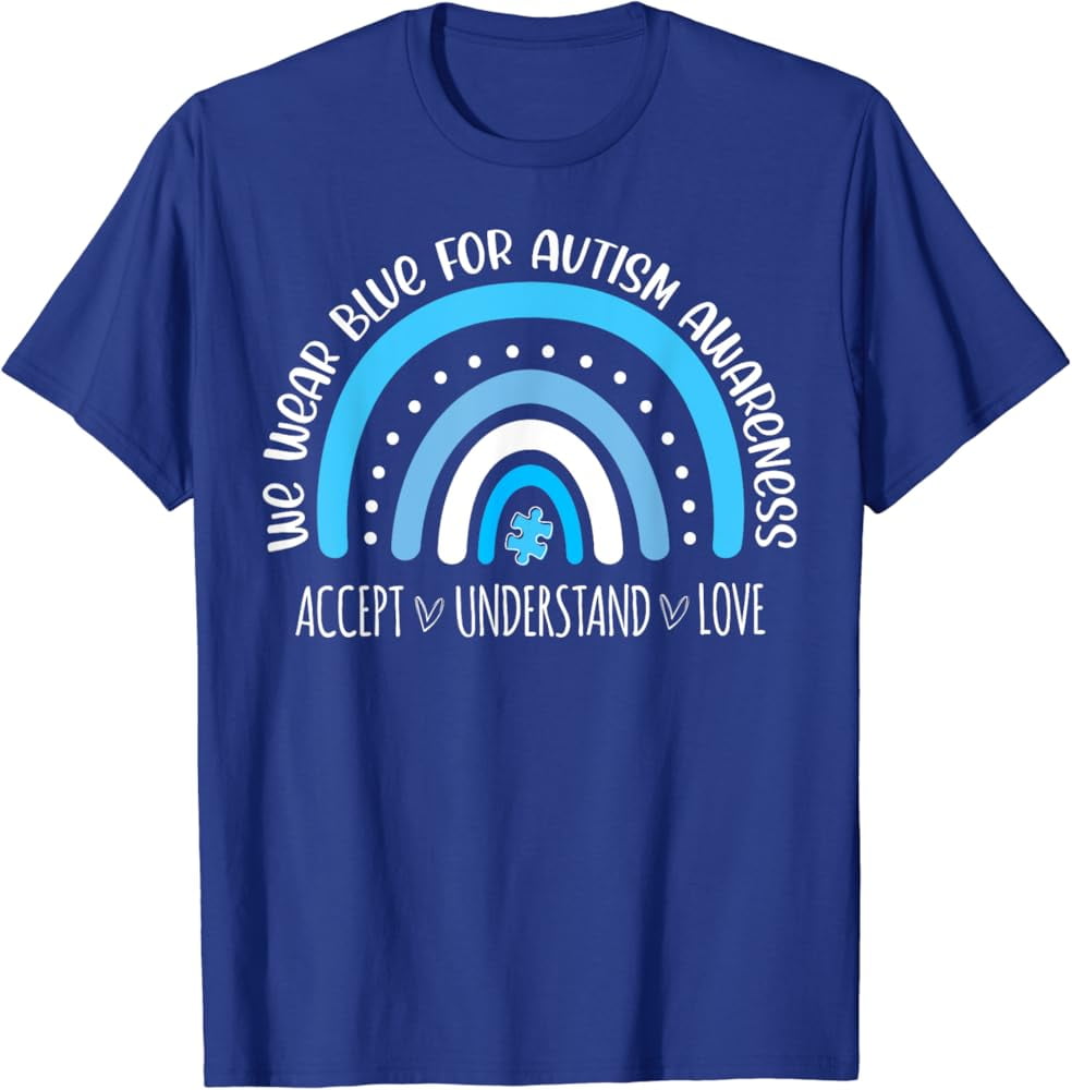 Gildan We Wear Blue for Autism Awareness Cute Rainbow Autistic T-Shirt ...