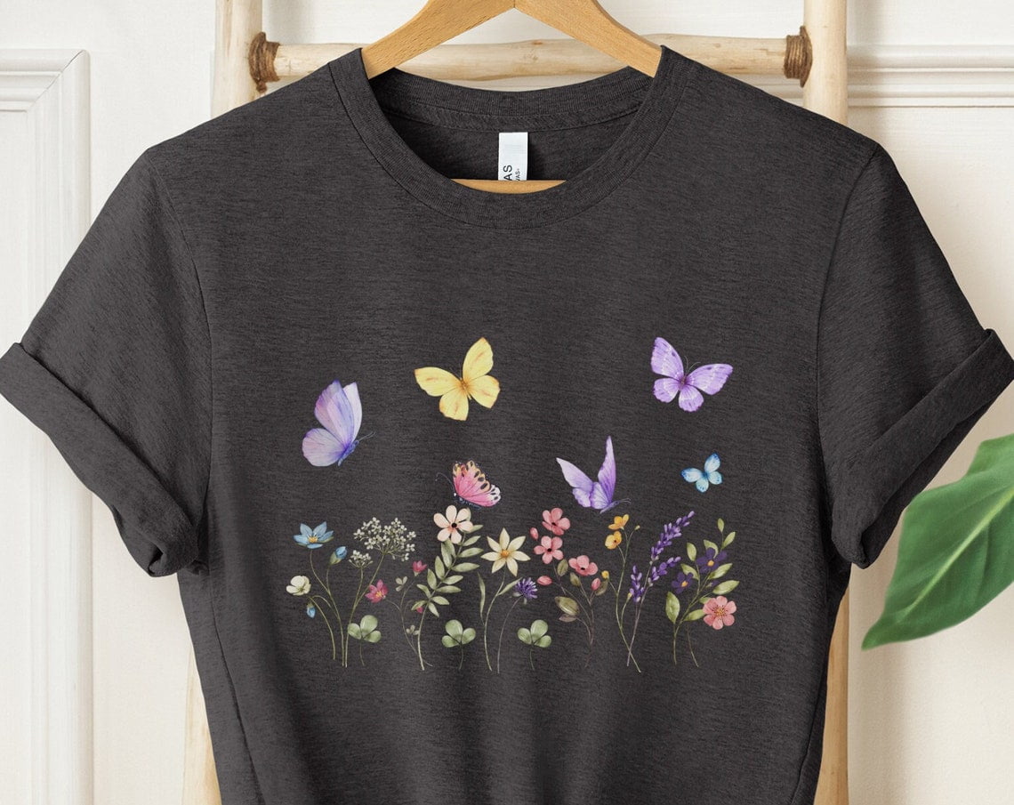 Gildan Whimsical Butterfly Tee With Garden Flower Art, Botanical Nature ...
