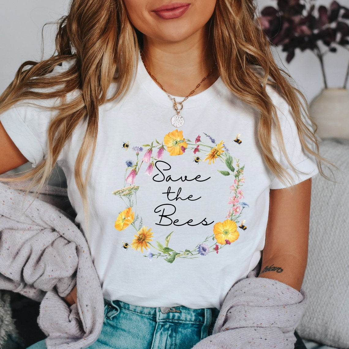 Gildan Wildflower Bee Graphic Tee With Nature Conservation Theme, Eco ...