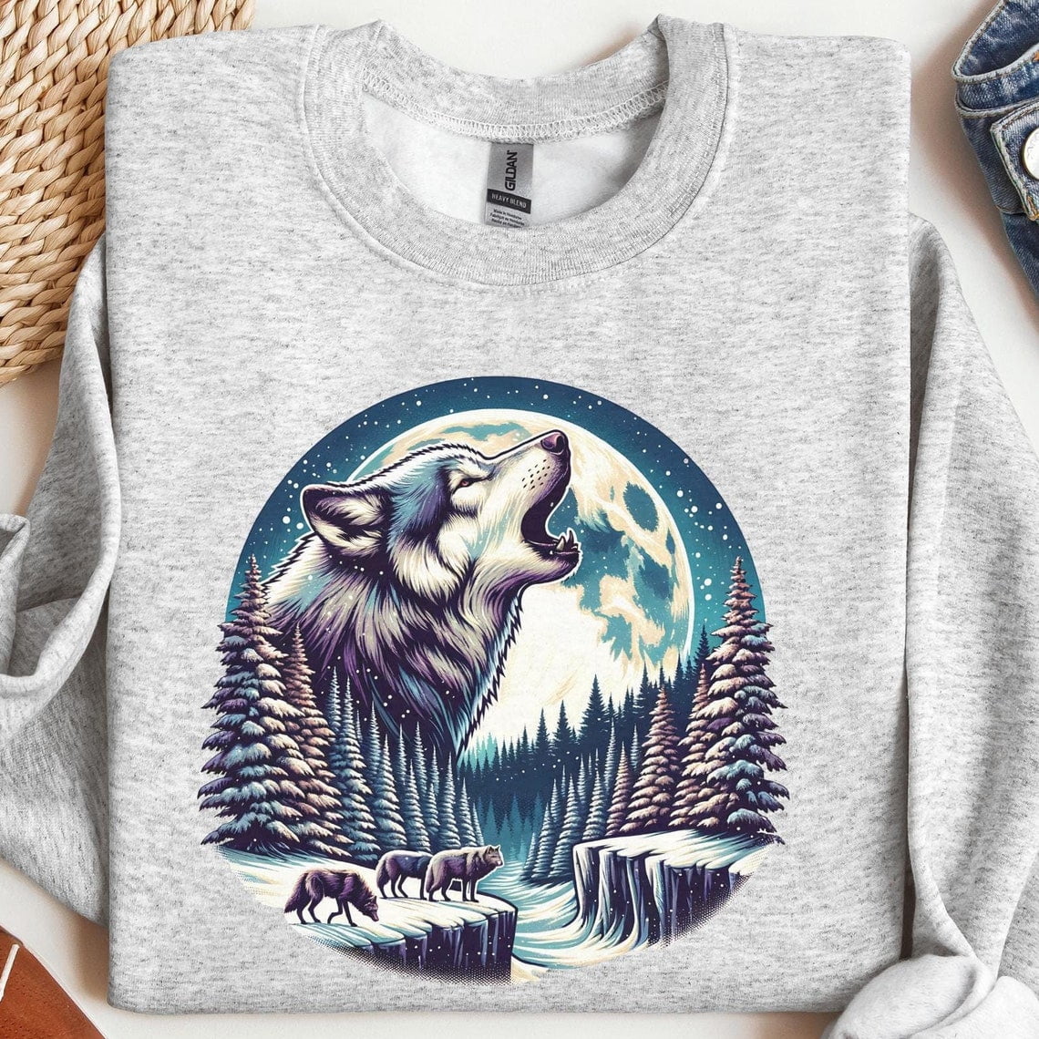 Gildan Wolves Howling Under Moonlight Tee With Scenic Background ...