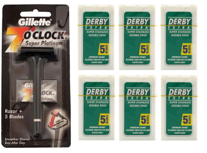 Gillette 7 O'Clock Super Platinum Safety Razor w/ 5 Blades + Derby ...