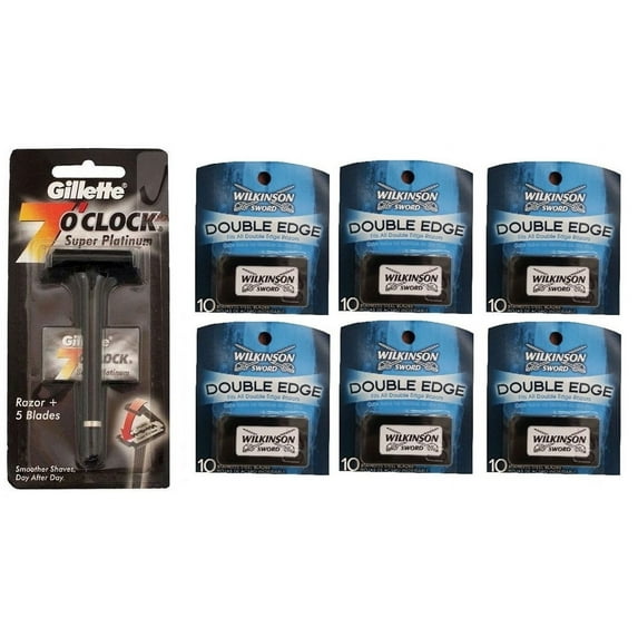 Gillette 7 O'Clock Super Platinum Safety Razor w/ 5 Blades + Wilkinson ...