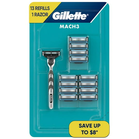 Gillette Mach3 Men's Razor Handle with 13 Blade Refills for a Close ...