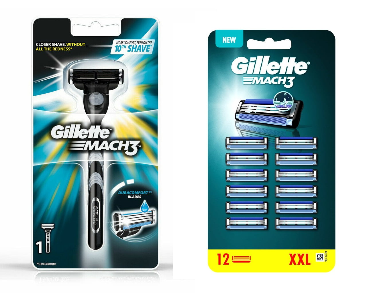 Gillette Mach3 Razor Handle, 12 Blade Refills, Lubrastrip, Microfins ...