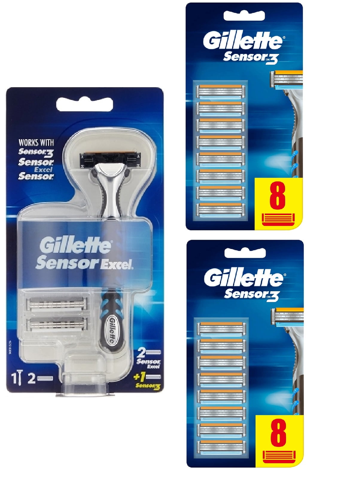 Gillette Sensor 3 Refill Razor Blade Catridges, 8 count + Gillette ...