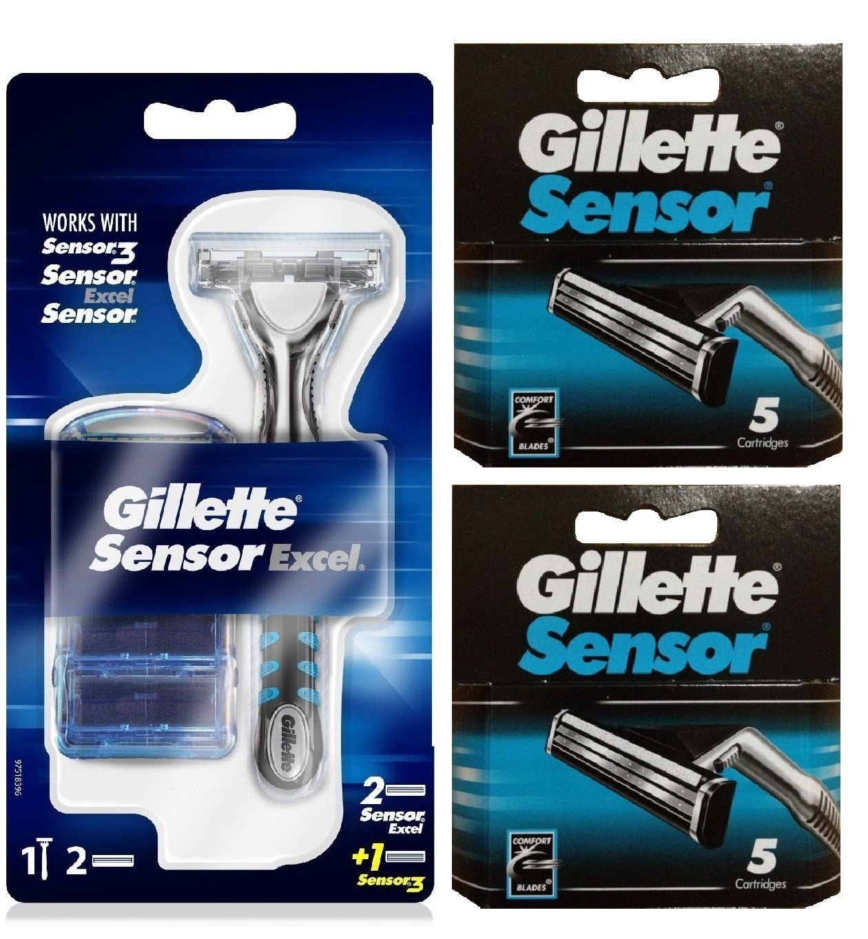 Gillette Sensor Excel Razor w/ 3 Cartridges + Gillette Sensor 5 Ct ...