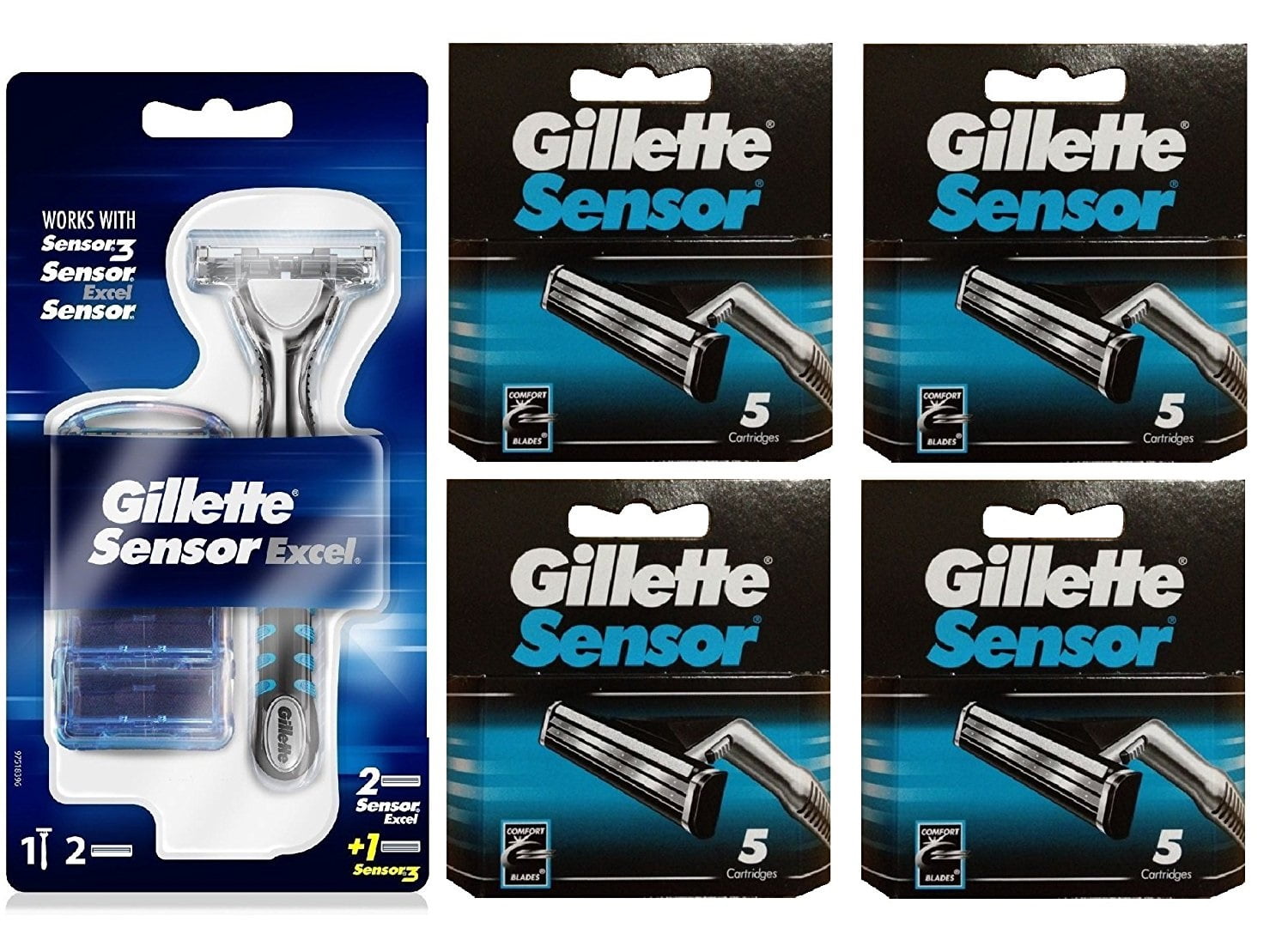 Gillette Sensor Excel Razor with 3 Cartridges and 5 Ct. Refill Blades ...