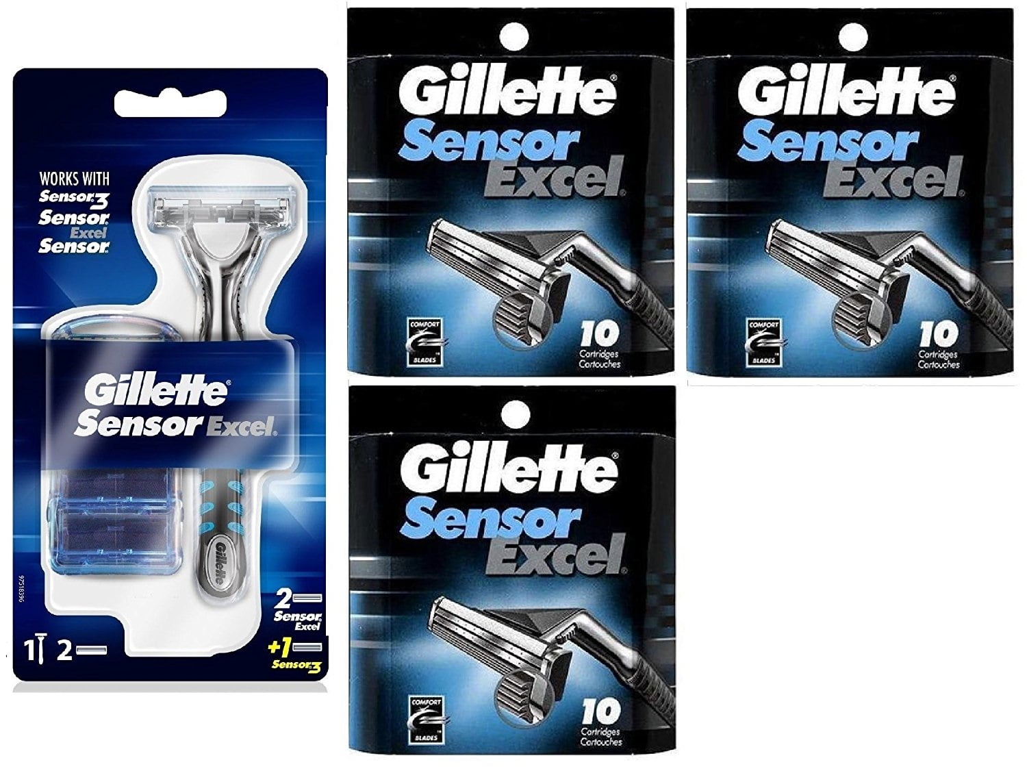 Gillette Sensor Excel Razor w/ 3 Cartridges + Gillette Sensor Excel 10 ...