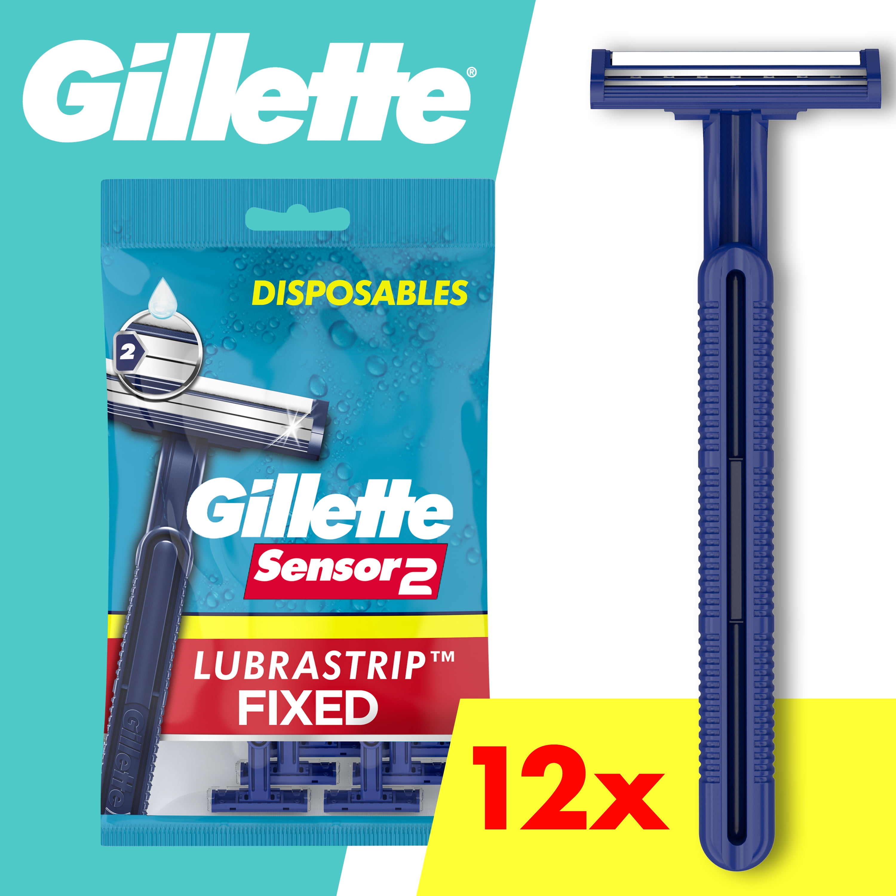 Gillette Sensor2 Fixed Head Men's Disposable Razors, Blue, 12 Count ...