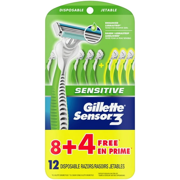 Gillette Sensor3 Sensitive Men's Disposable Razors, Pack of 8 plus 4 ...
