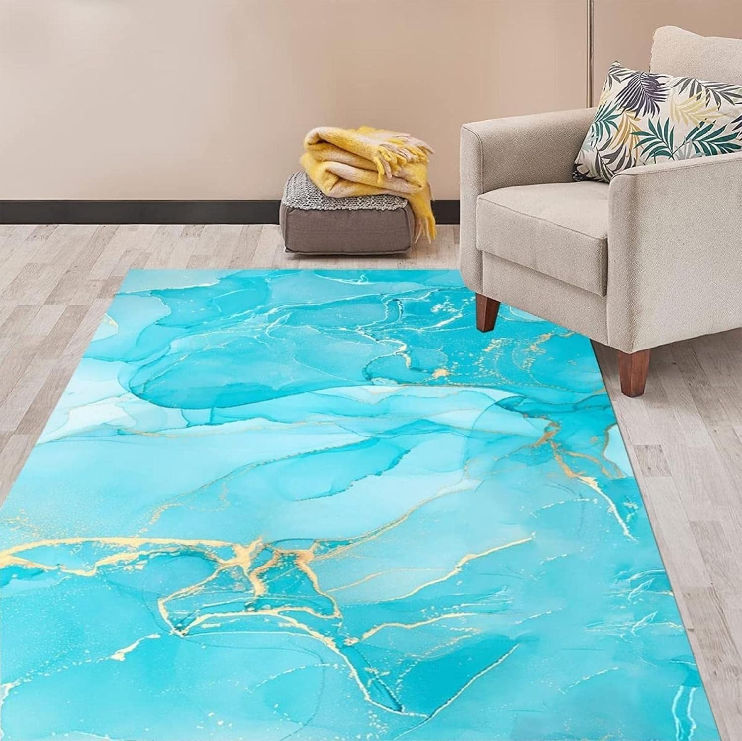 Gilt Gold Marble Area Rug, Turquoise Gold Modern Abstract Printed Rugs ...