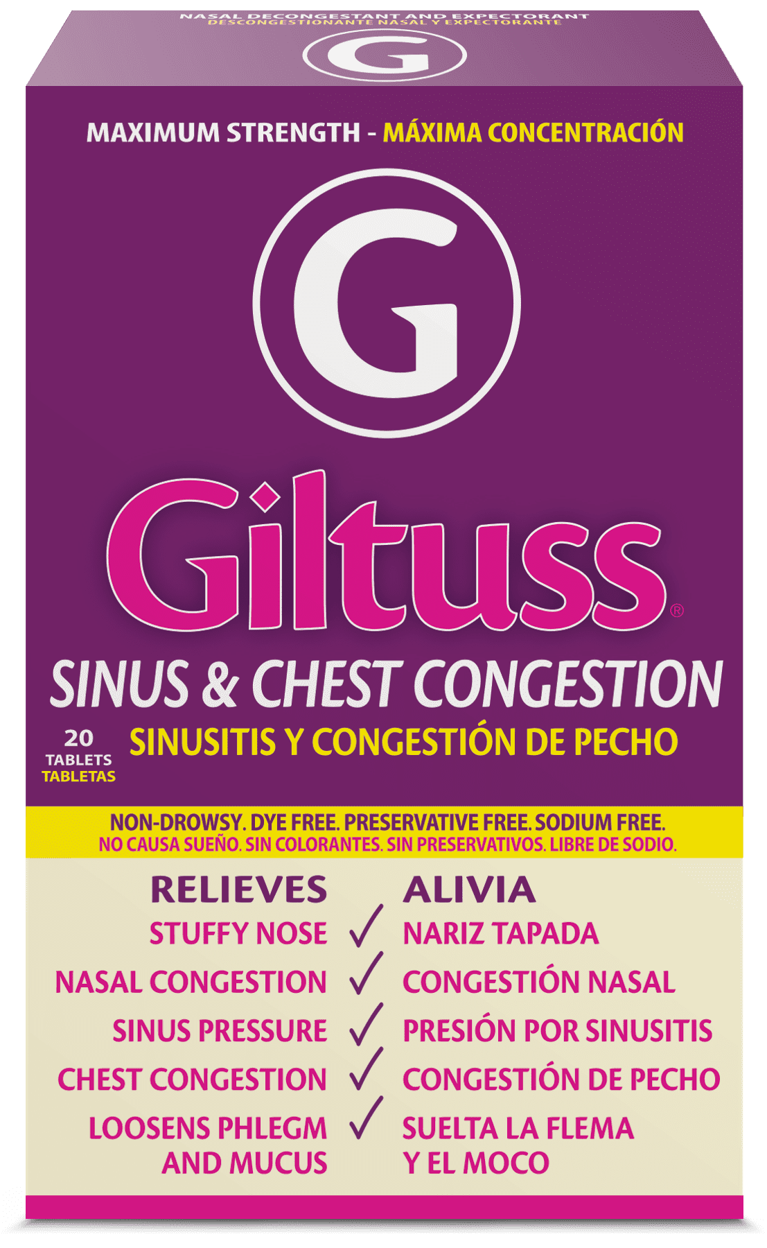 Giltuss Sinus Plus Decongestant & Expectorant Tablets, 20 Count HSA/FSA ...