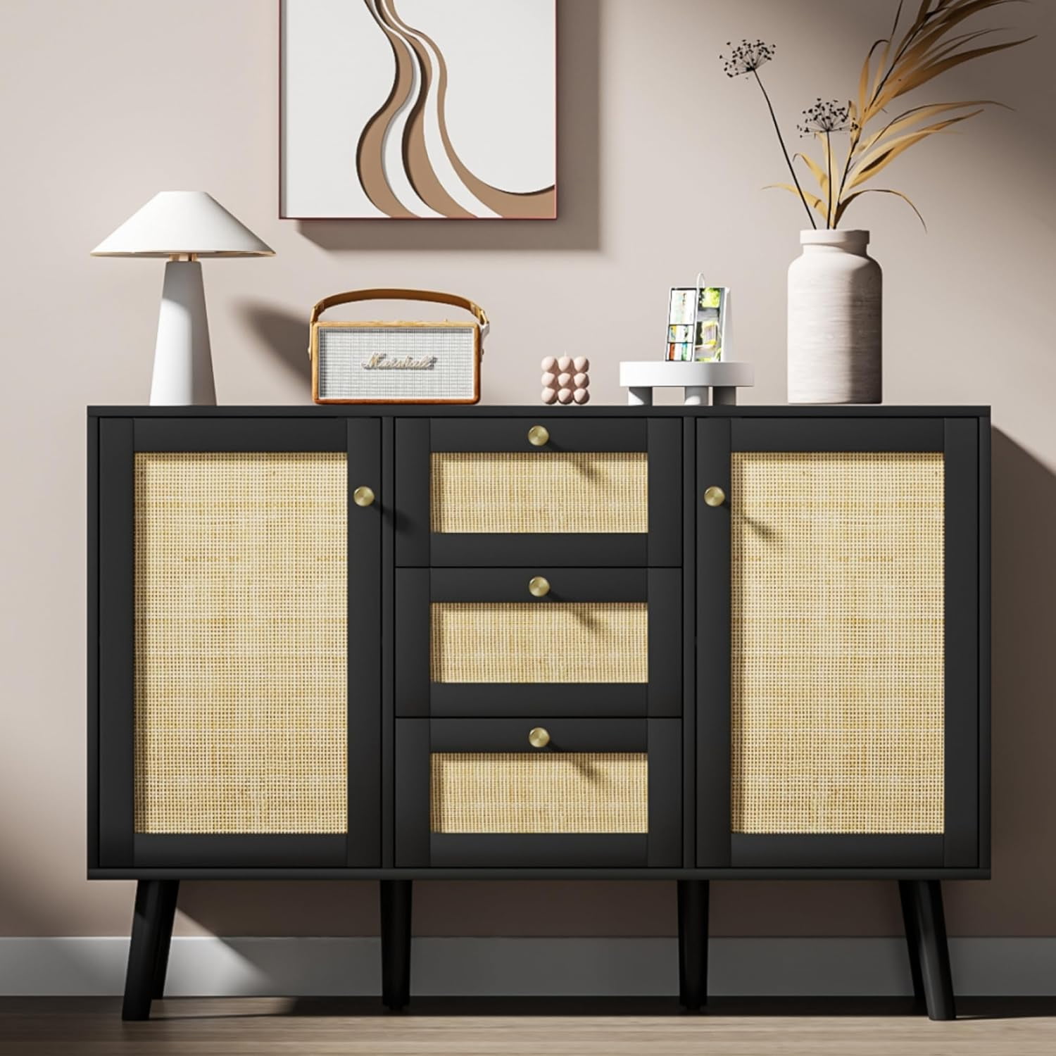 Giluta Black Storage Cabinet, Rattan Sideboard Cabinet, Kitchen Cabinet ...