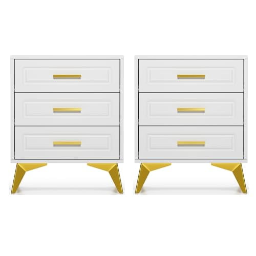 Giluta White Nightstand Set of 2 with 3 Drawers, Modern Night Stand 2 ...
