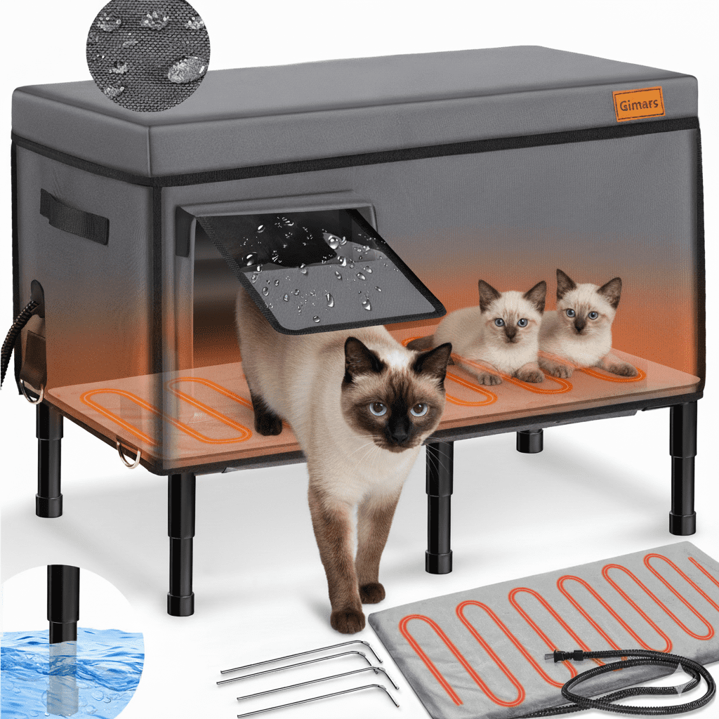 Gimars Large Heated Outdoor Cat House with Detachable Heating Pad ...