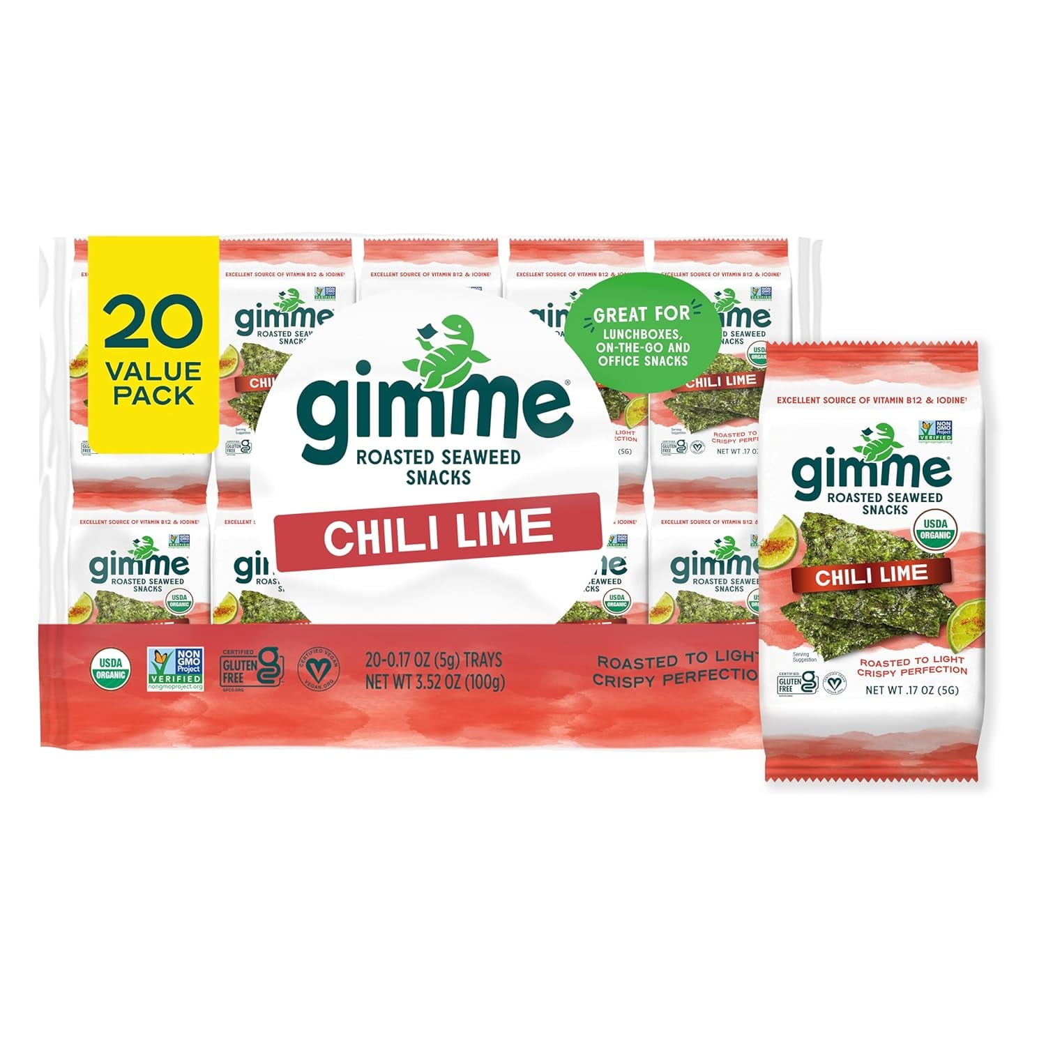 Gimme 20 Pack Chili Lime Seaweed, Premium Organic Roasted Seaweed ...