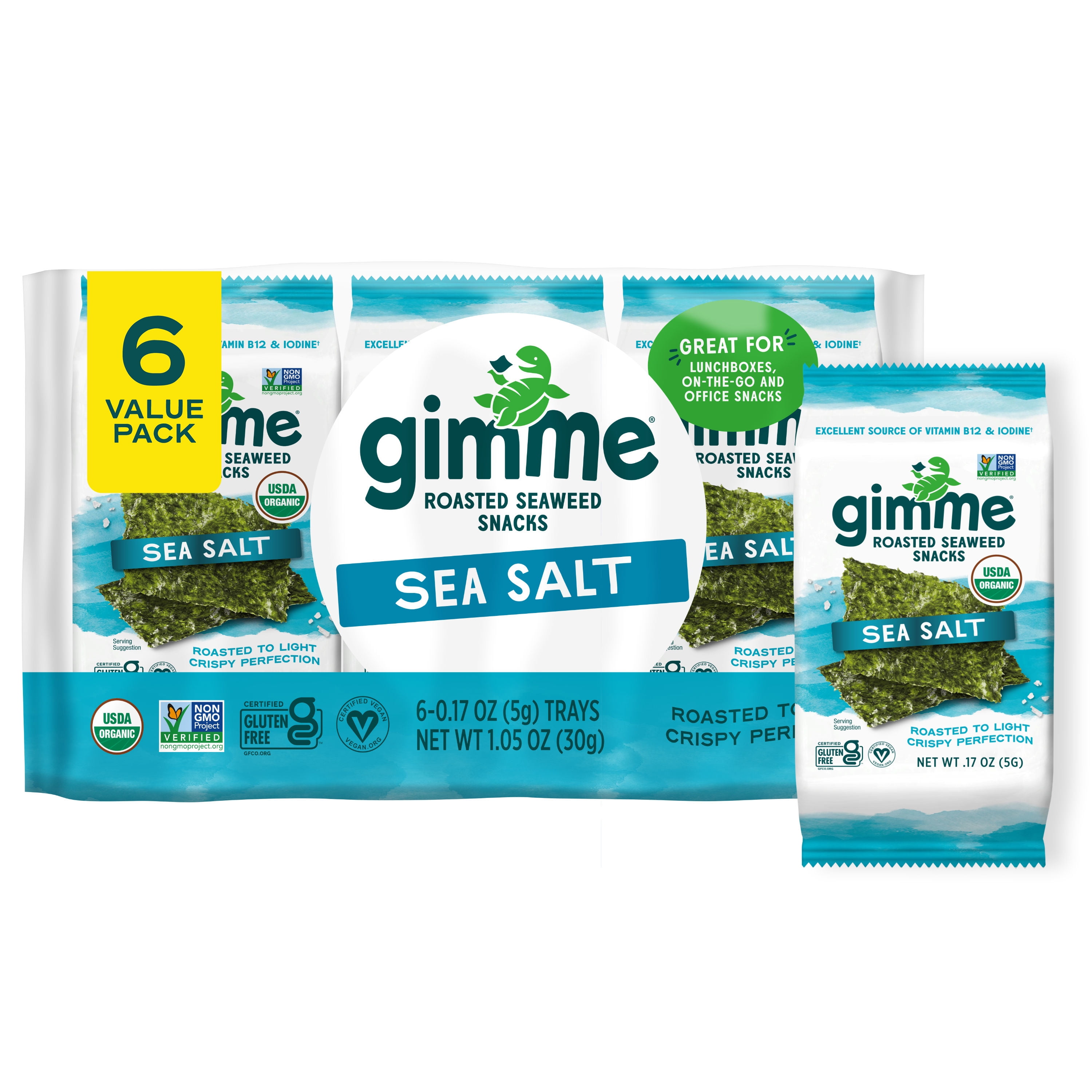 Gimme Seaweed Organic Roasted Nori Flavored Snack, Sea Salt - 6-pack ...