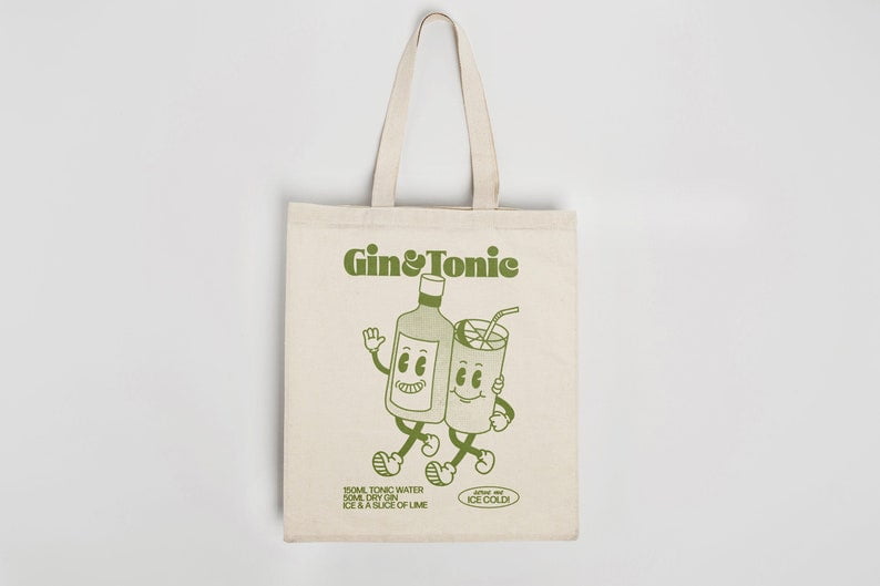 Gin And Tonic Tote, Heavyweight Organic Cotton, Reusable Retro Cocktail ...