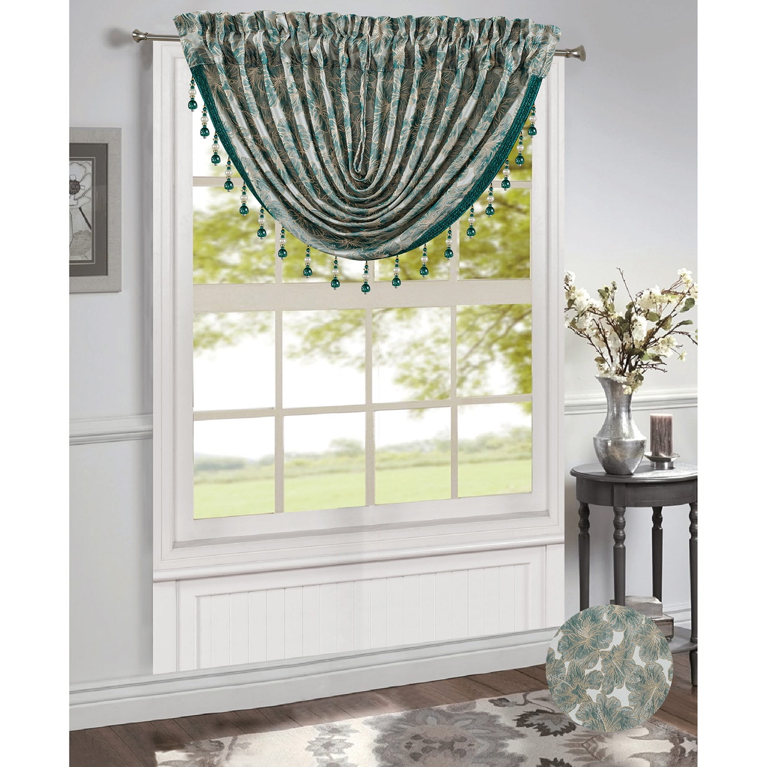 Gina Jacquard Rod Pocket Waterfall Window Valance with Beads, Emerald ...