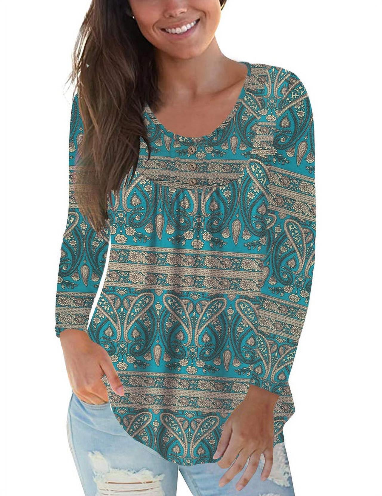 GingDin Women's Plus Size Floral Shirt Long Sleeve Round Neck Loose ...