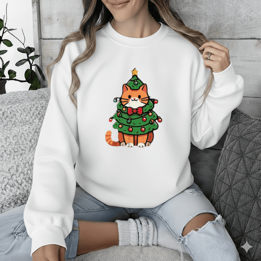 Ginger Cat Near Holiday Tree Cute Feline Girls Toddler Friendly Graphic ...