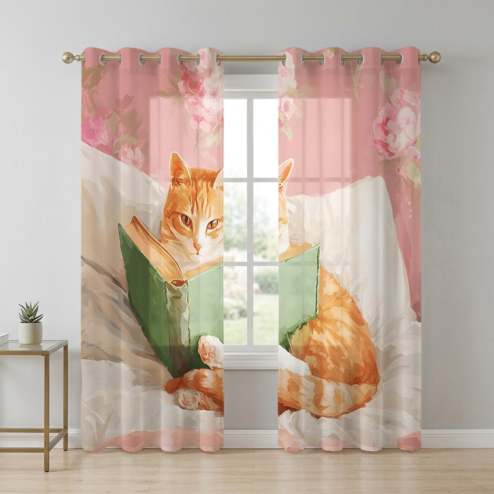 Ginger Cat Sheer Curtains 63 Inch Long 2 Panels, Boho Animals Rose Pink ...
