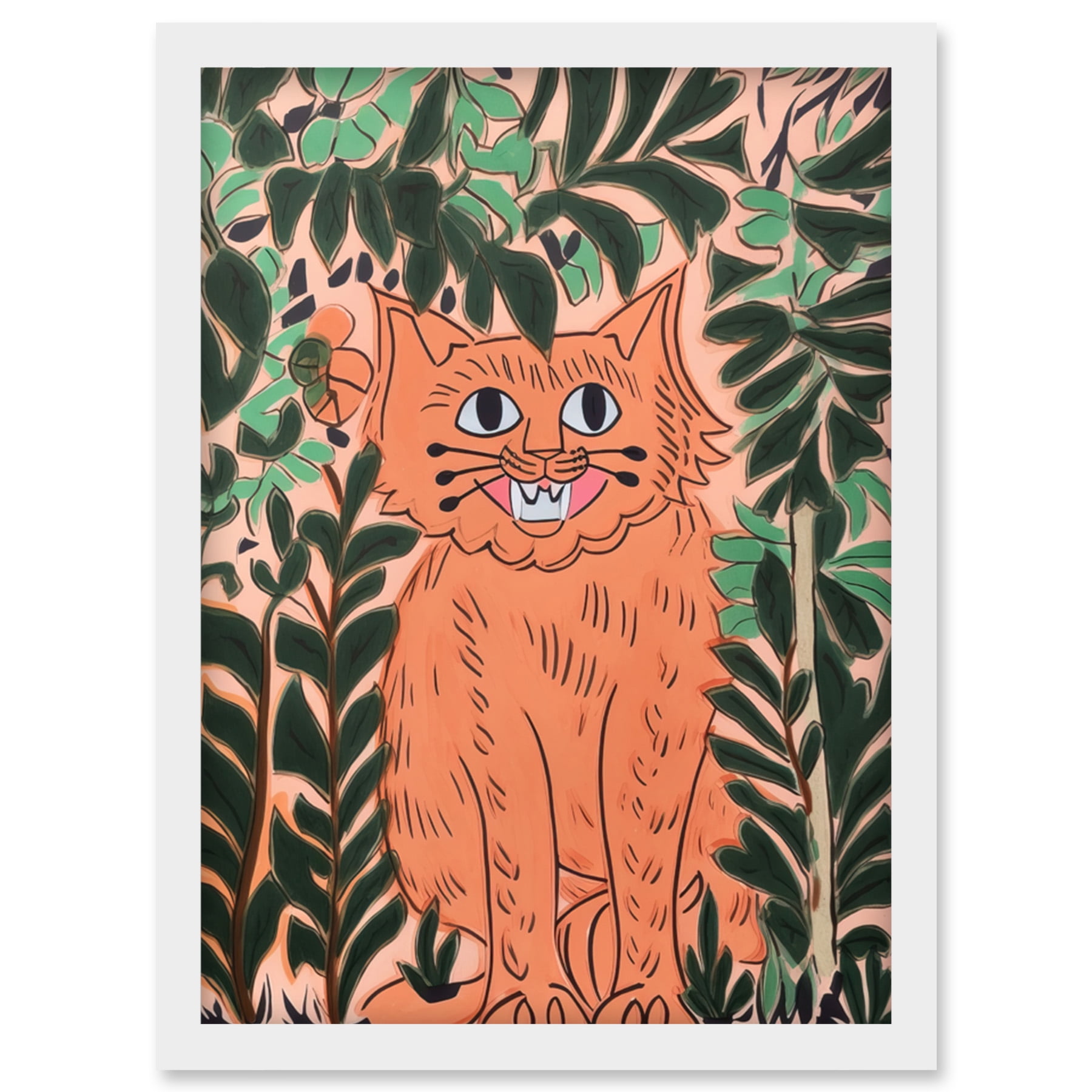 Ginger Orange Tabby Cat in Plants Modern Folk Art Artwork Framed Wall ...