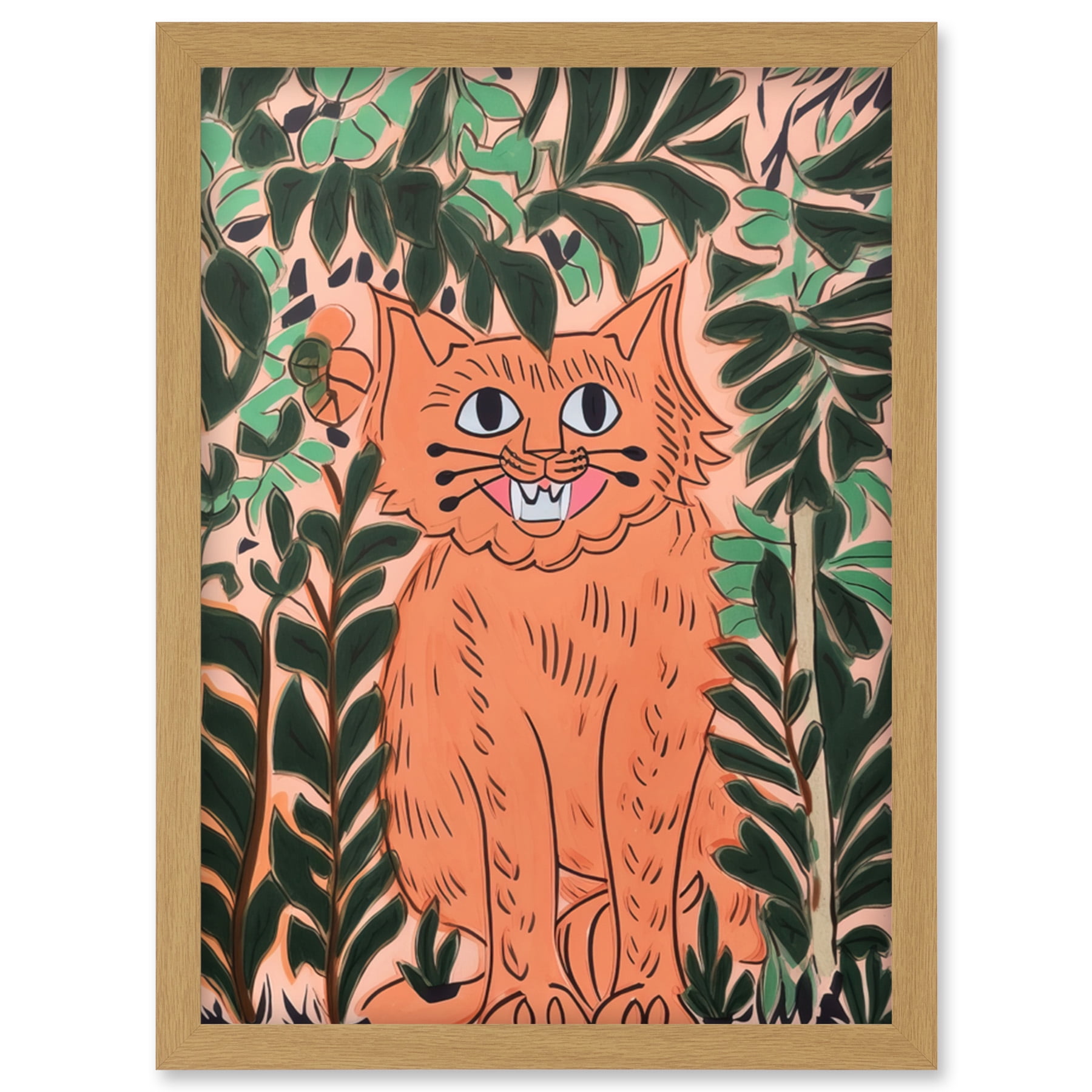Ginger Orange Tabby Cat in Plants Modern Folk Art Artwork Framed Wall Art Print A4 - Walmart.com