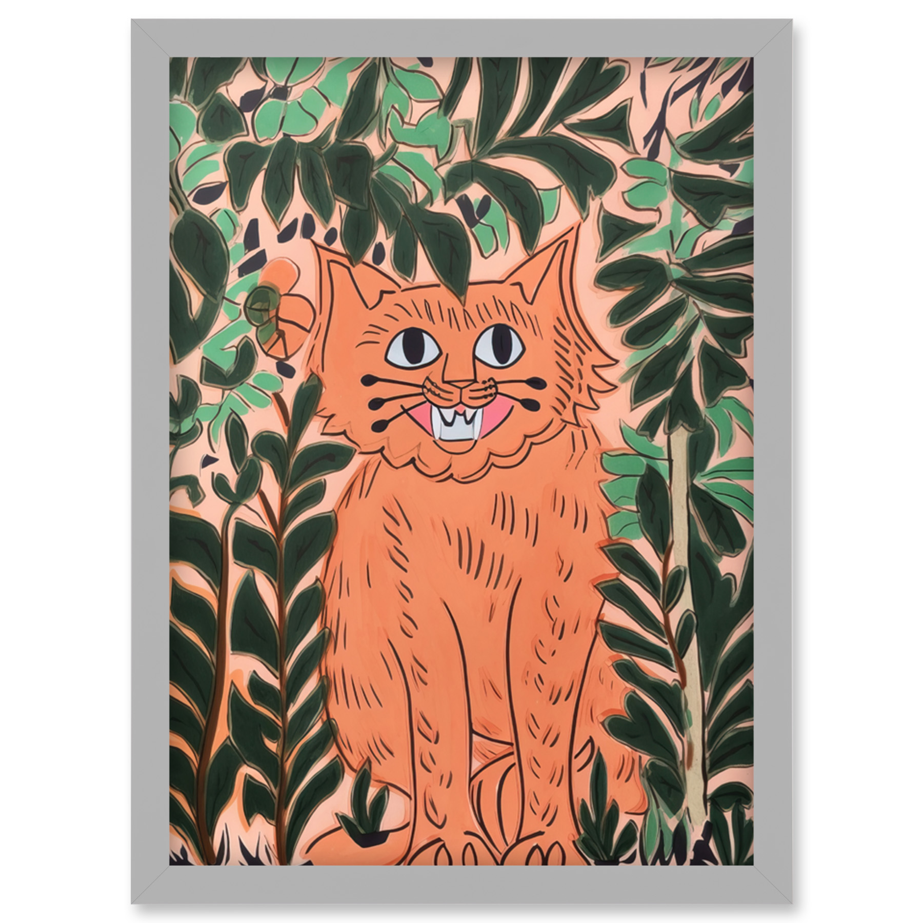 Ginger Orange Tabby Cat in Plants Modern Folk Art Artwork Framed Wall ...