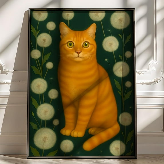 Ginger Tabby Cat Art Print, Whimsical Dandelion Floral UNFRAMED PAPER ...