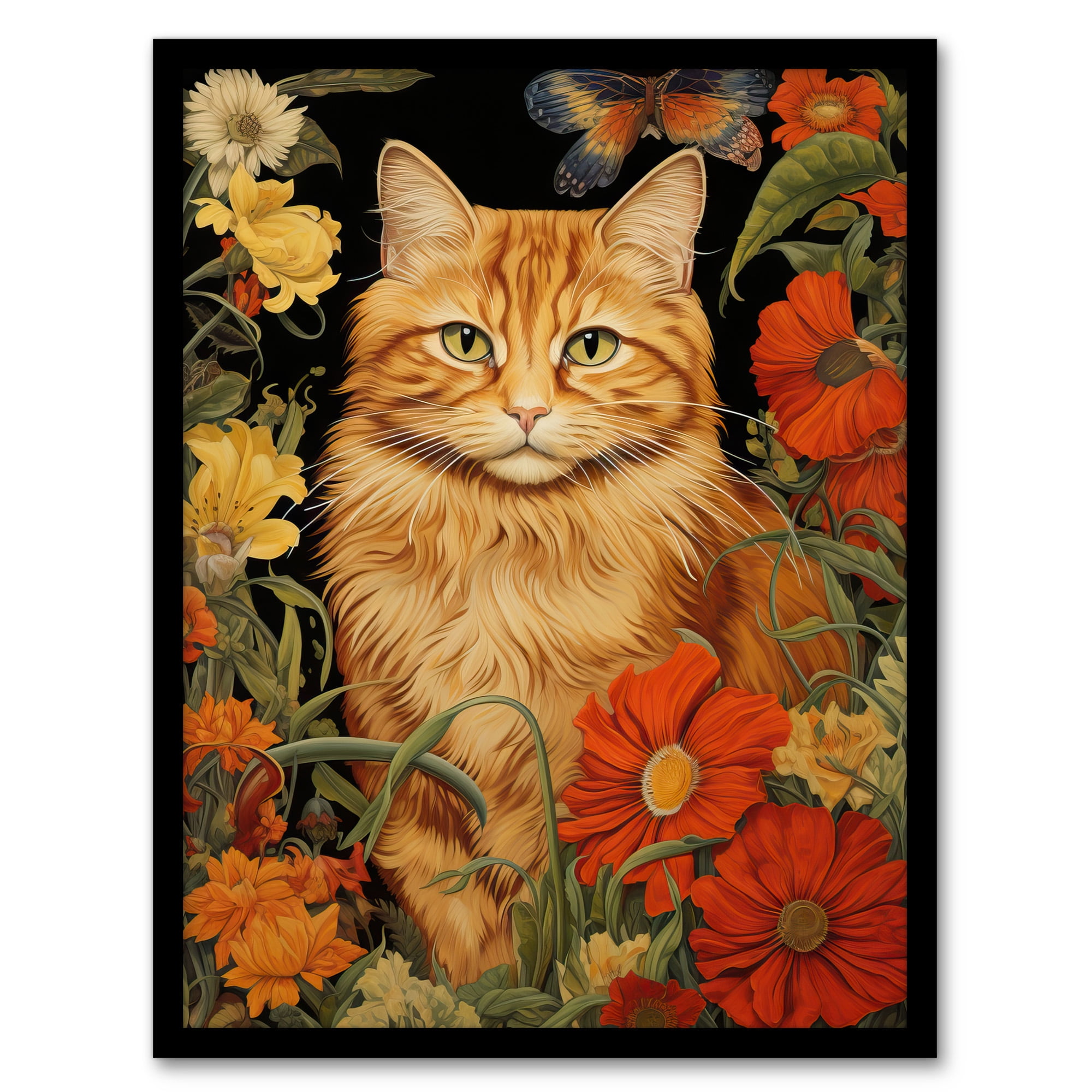 Ginger Tabby Cat Floral Painting Orange Red Spring Flower Blooms ...