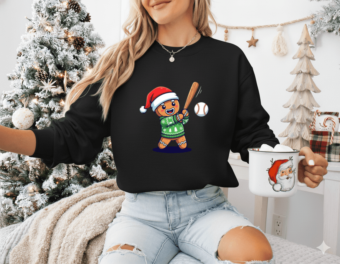Gingerbread Baseball Player Funny Holiday Sports Cheerful Sweatshirt ...