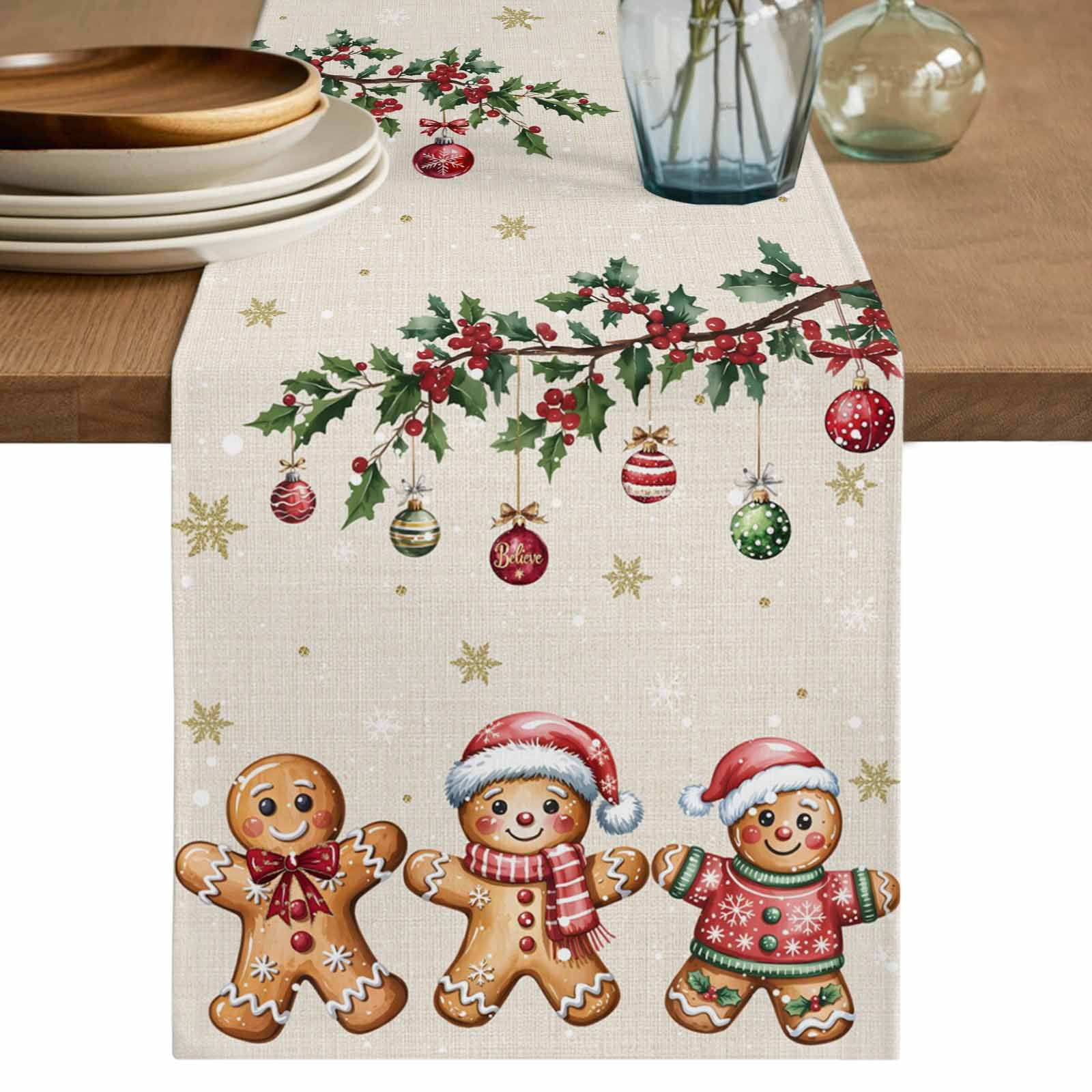 Gingerbread Christmas Table Runner 108 Inches, Xmas Balls Branches ...