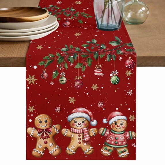 Gingerbread Christmas Table Runner 70 Inches, Xmas Balls Branches Red ...