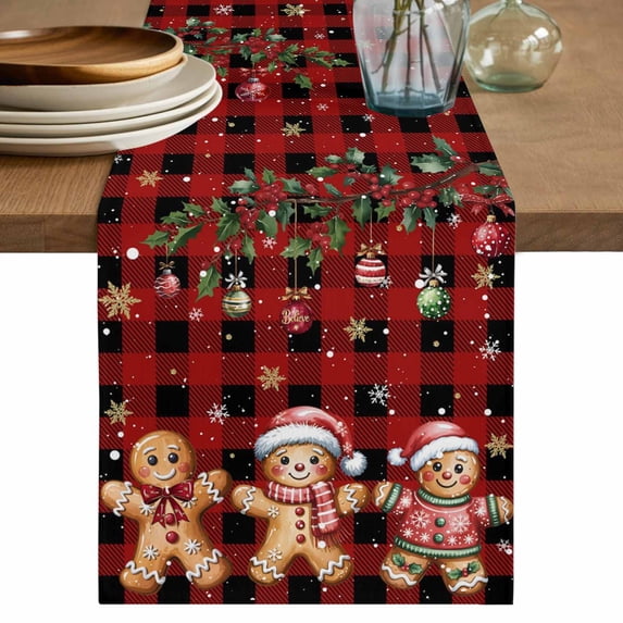 Gingerbread Christmas Table Runner 70 Inches, Xmas Balls Branches Red ...