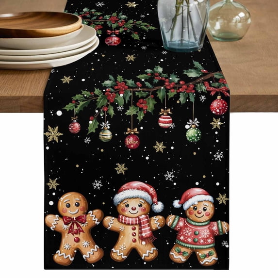 Gingerbread Christmas Table Runner 72 Inches, Xmas Balls Branches Black ...