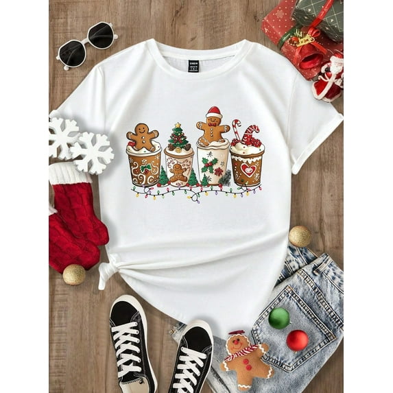 Gingerbread Cocoa Cups Xmas T-Shirt, Cute Holiday Hot Chocolate Graphic ...