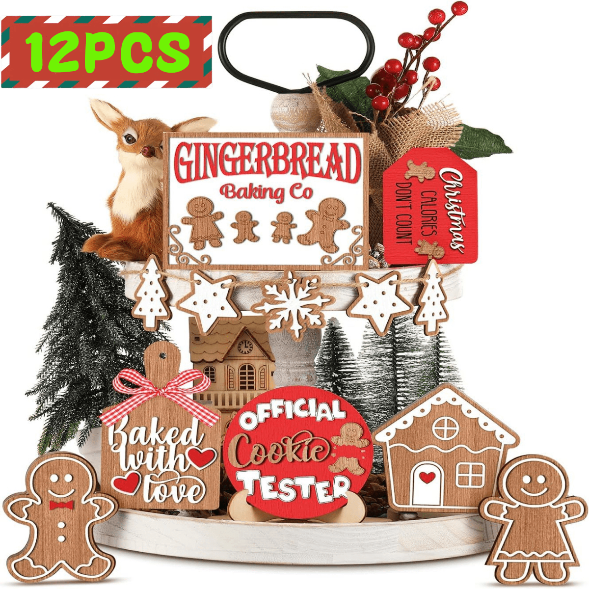 12 Pcs Wood Gingerbread Decor Christmas Sign, Farmhouse Tray Tabletop ...
