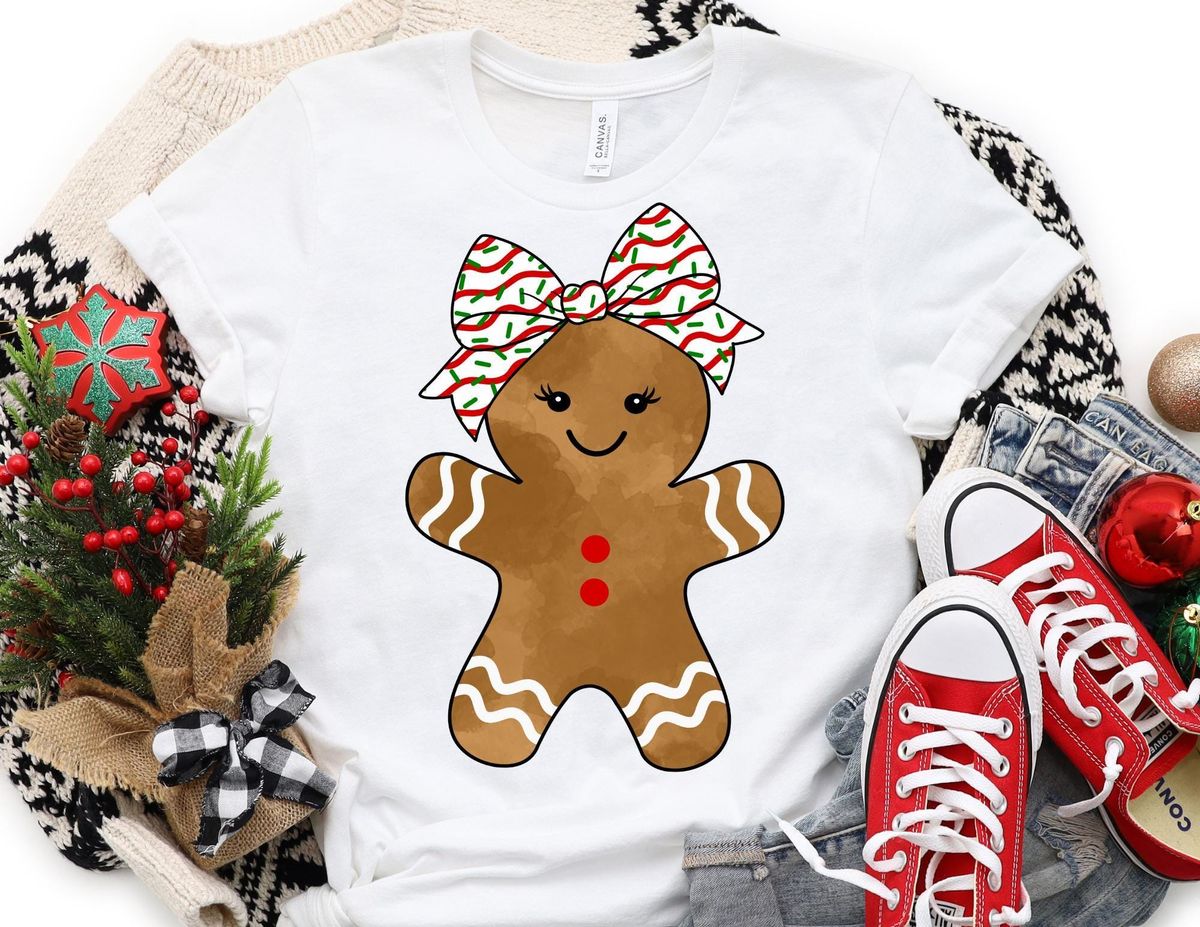 Gingerbread Girl Bow Xmas Tee Cute Cookie Holiday Winter Gift Unisex ...