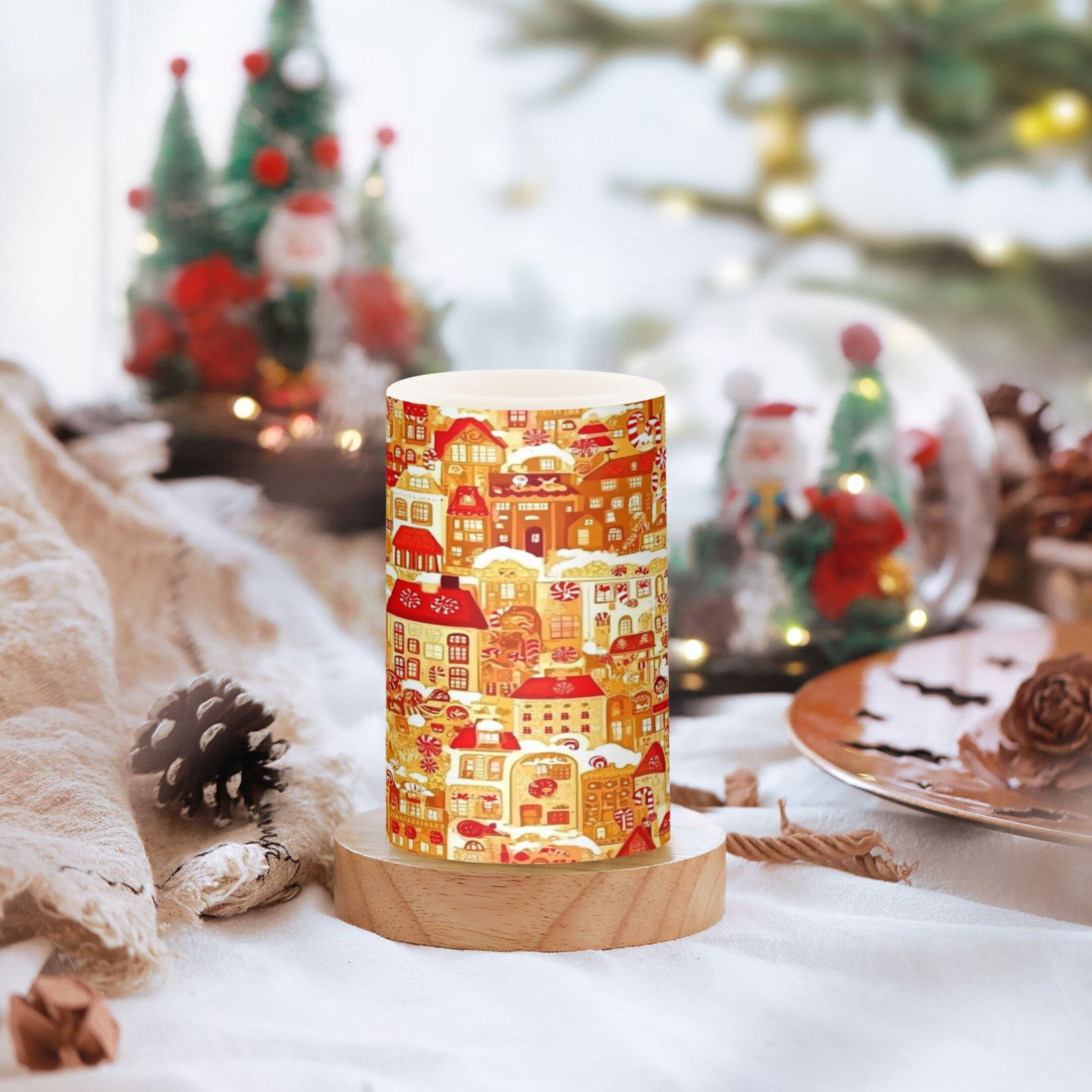 Gingerbread Houses Pattern Set of 2 Flameless LED Candles Remote and ...