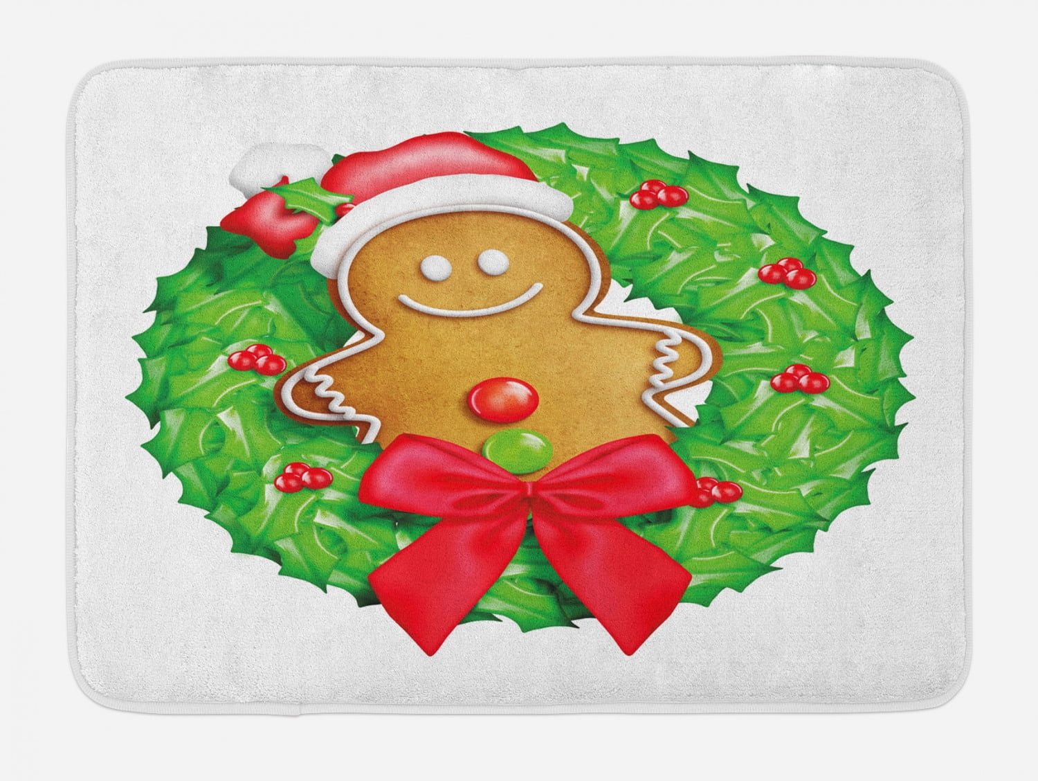 Gingerbread Man Bath Mat, Cartoon Christmas Wreath with Gingerbread Man ...