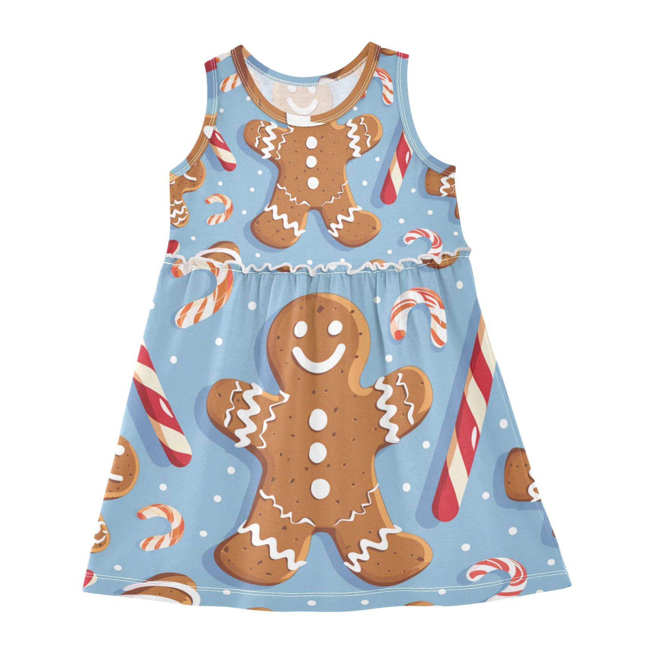 Gingerbread Man Candy Canes Cartoon Christmas Girls' Sleeveless Dress A ...