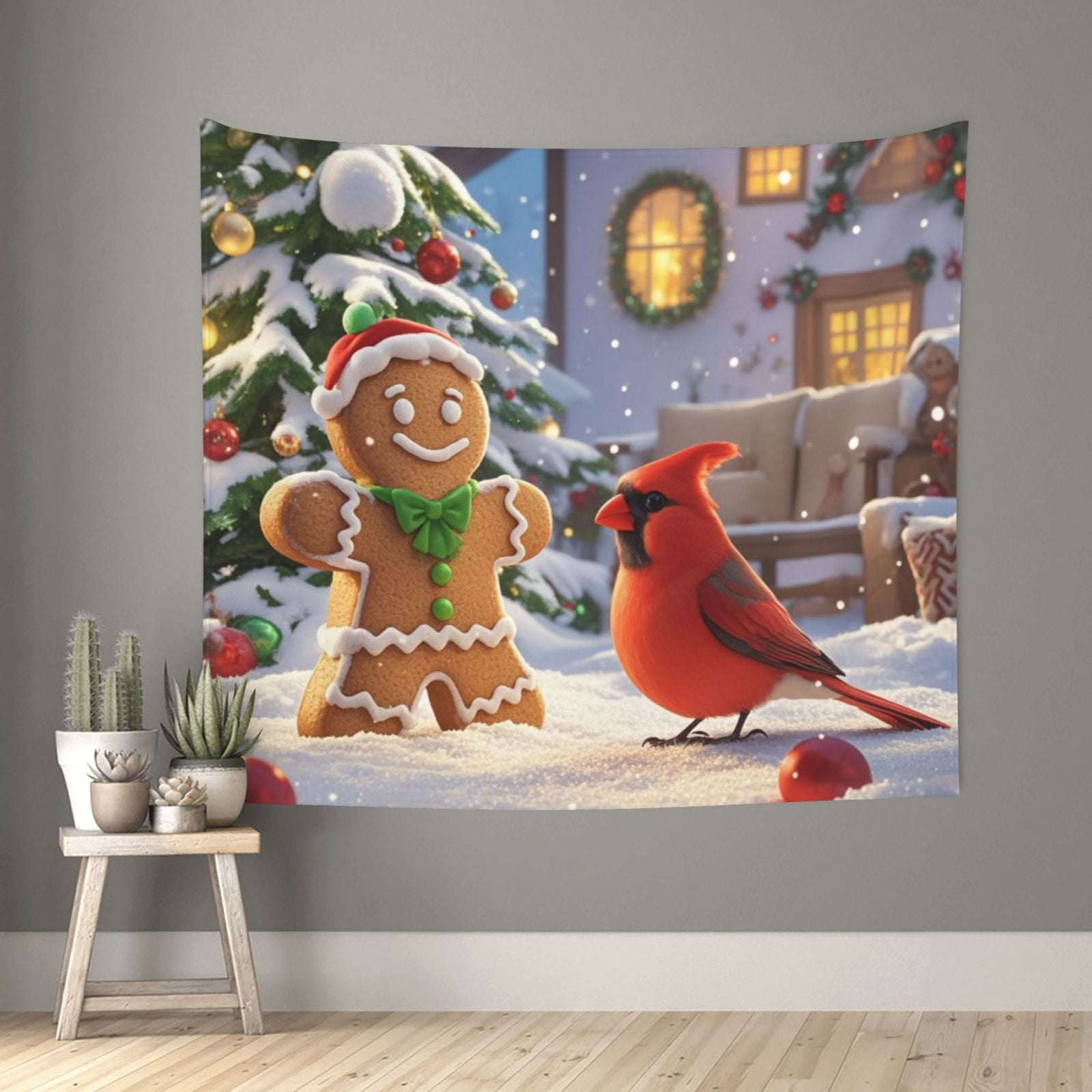 Gingerbread Man Cardinal Christmas Tapestry Wall Hanging, Ornaments For ...